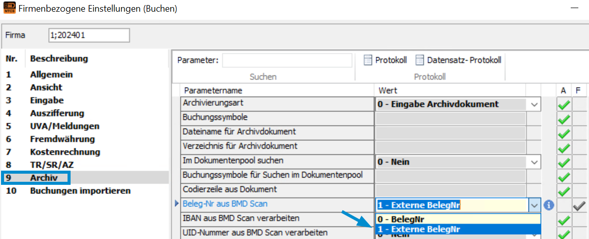 BMD - Wie stelle ich die externe/interne Rechnungsnummer für Finmatics ein?