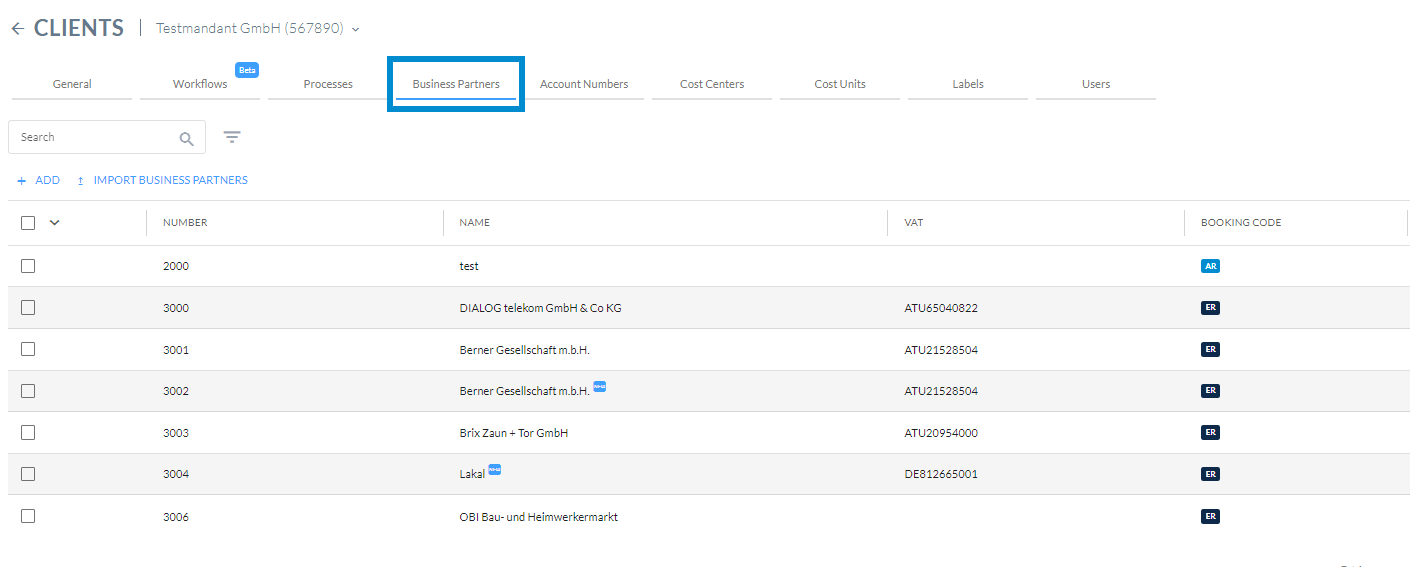 Which settings can I configure in the clients-screen under "Business ...