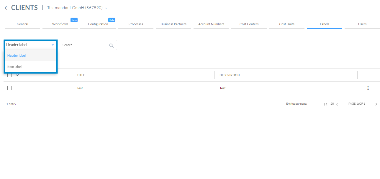 Which settings can I configure in the clients-screen under "Labels"?